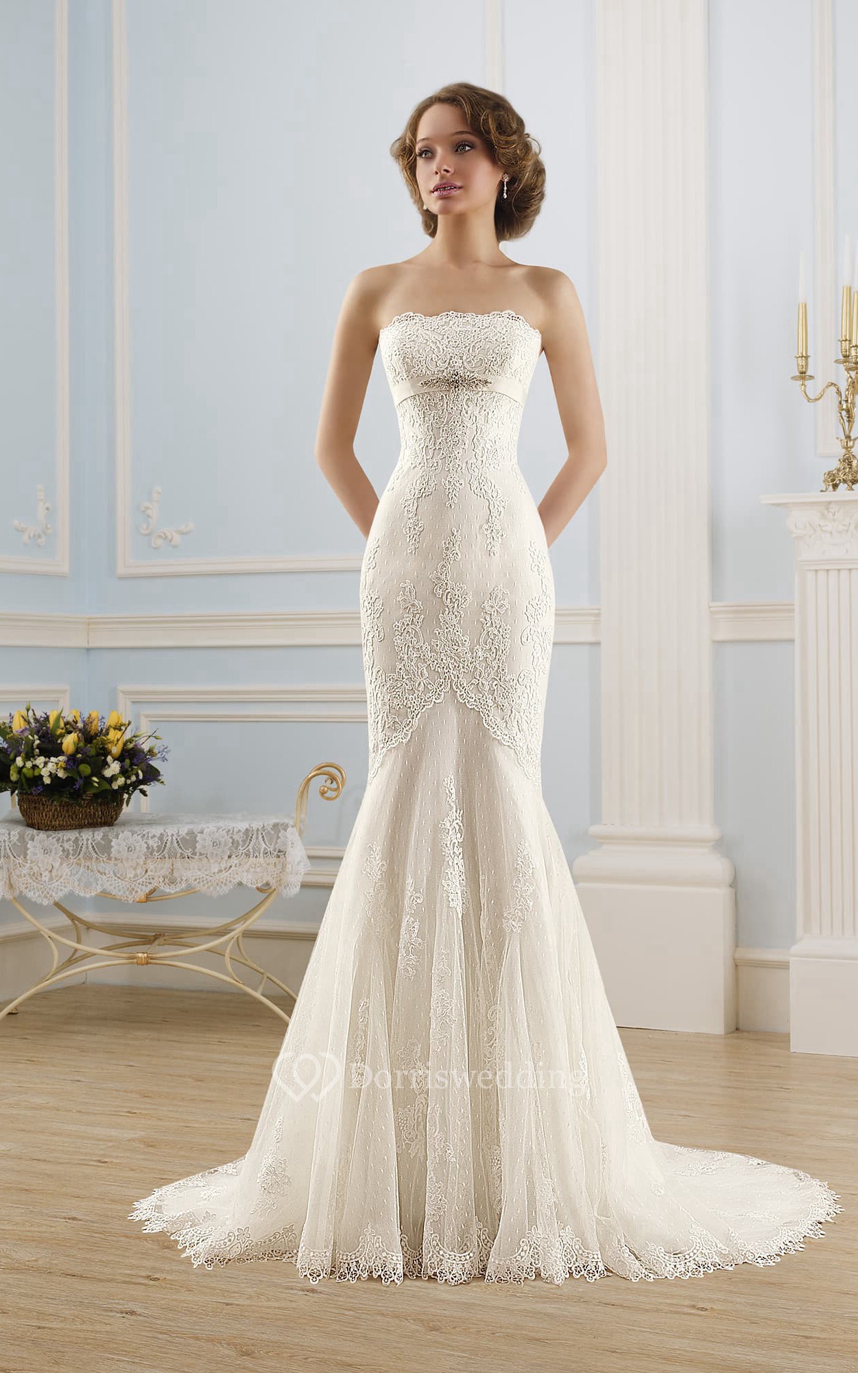 Mermaid Long Strapless Sleeveless Corset Back Lace Tulle Dress With
